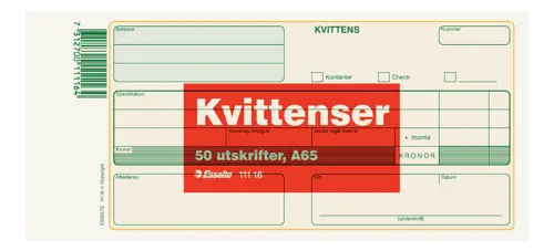 Svensktillverkad Blankett, Esselte Kvittens A65, Svanenmärkt, 50 st ...