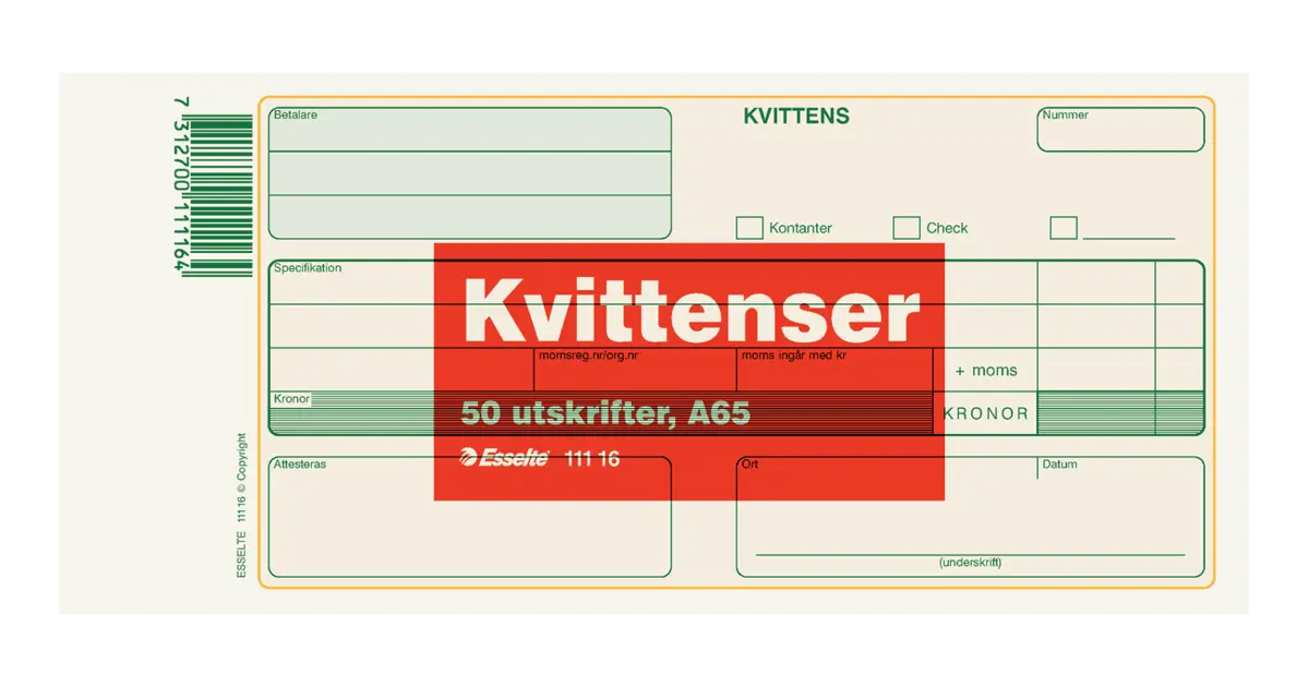 Svensktillverkad Blankett, Esselte Kvittens A65, Svanenmärkt, 50 st ...